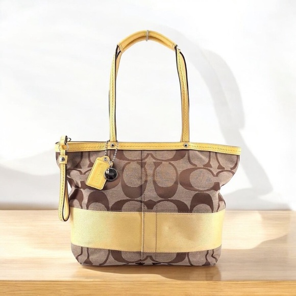 Coach | Bags | Coach F3548 Signature Stripe Canvas Khaki Tote W Yellow ...